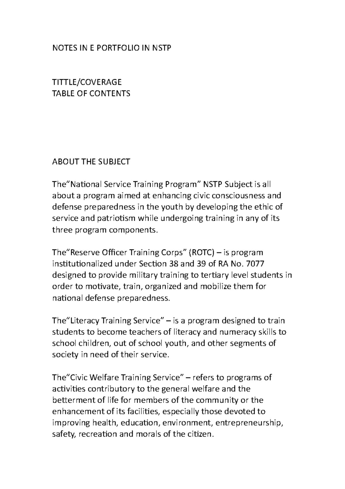 Notes IN E Portfolio IN NSTP - NOTES IN E PORTFOLIO IN NSTP TITTLE ...