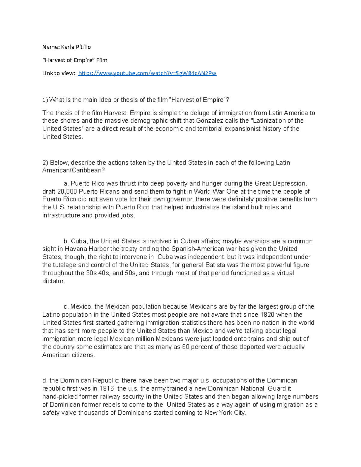 UTF-8''Harvestof Empire Documentary Questions - Name: Karla Pitillo ...