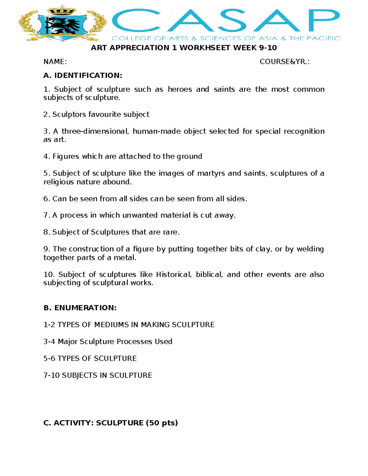 WEEK 9 10 HUMA101 Worksheet - ART APPRECIATION 1 WORKHSEET WEEK 9- NAME ...