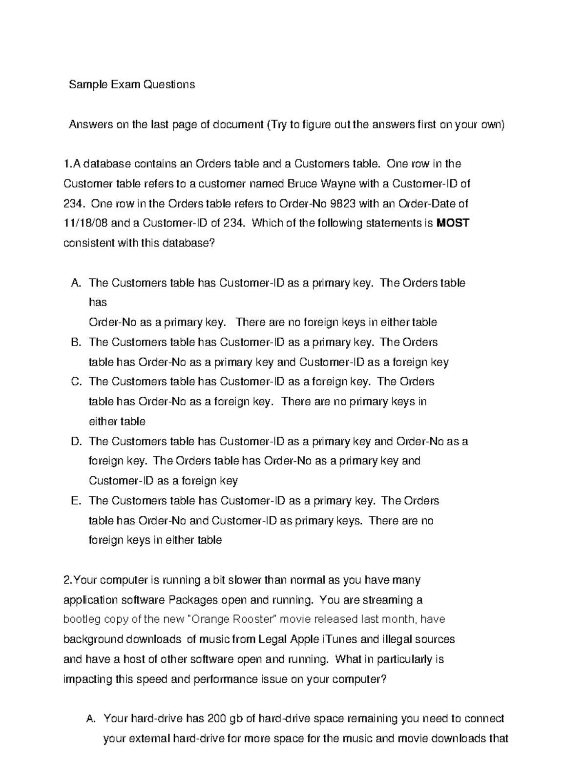 Sample MC Exam Questions and Answers - Sample Exam Questions Answers on ...