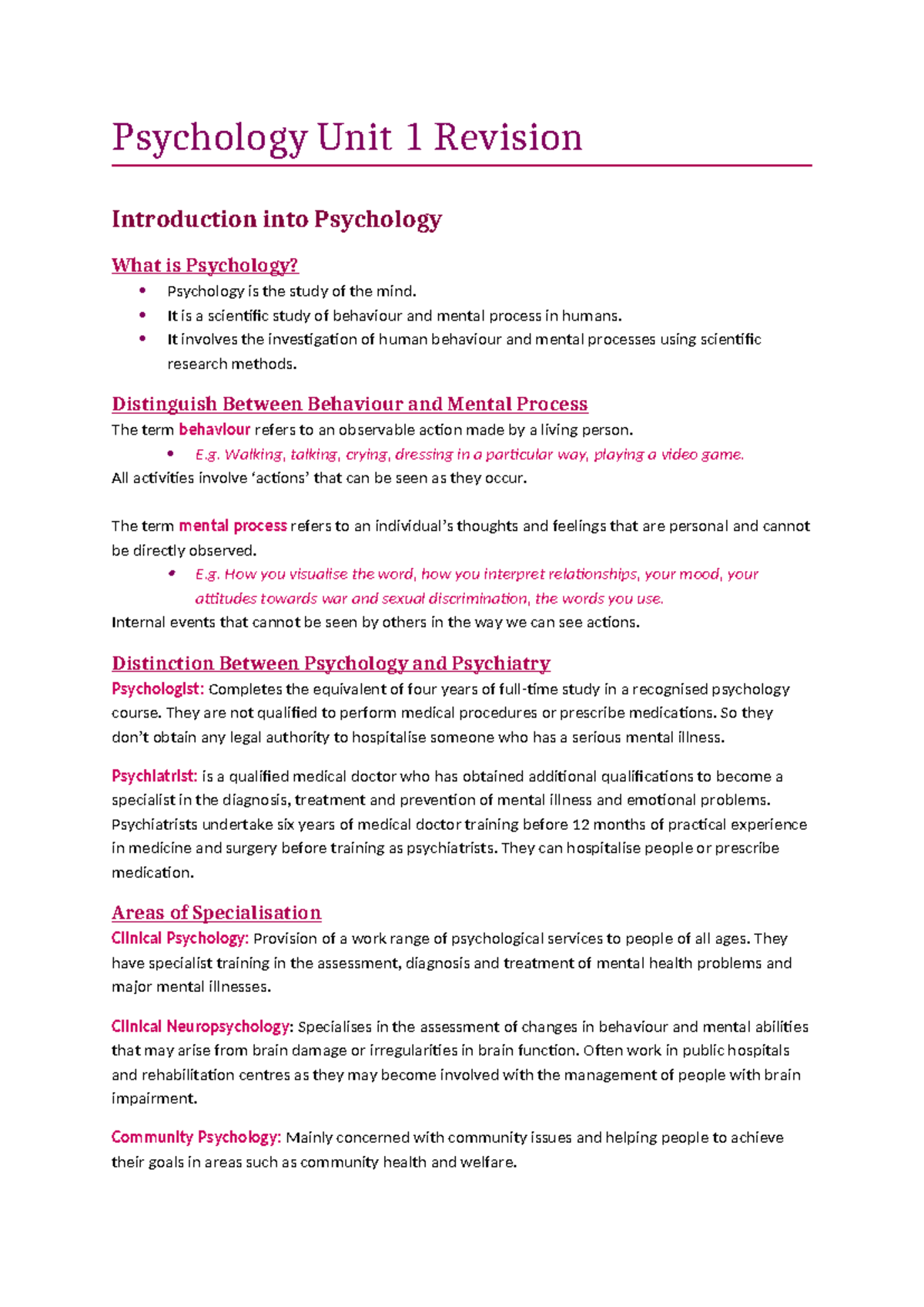 5256Psychology Unit 1 Notes - Psychology Unit 1 Revision Introduction ...