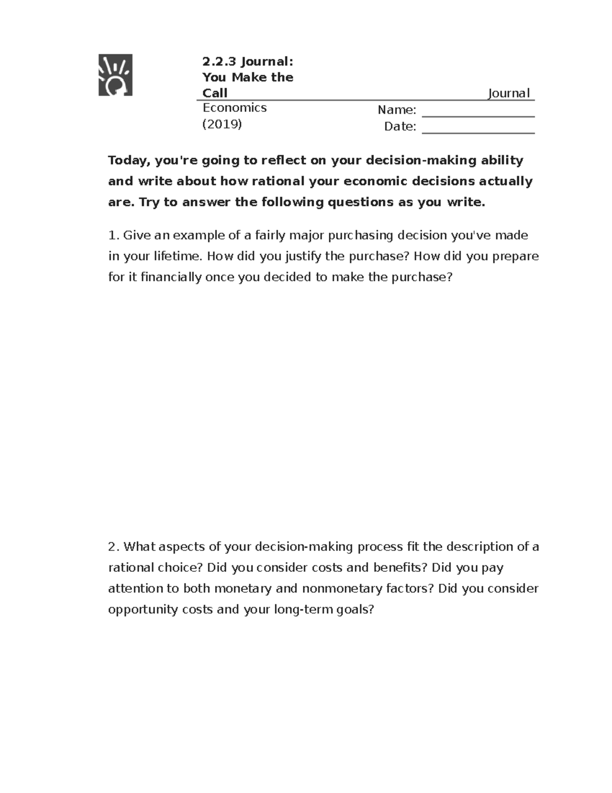 2.2.3 Journal - You Make the Call (Journal) - 2.2 Journal: You Make the ...