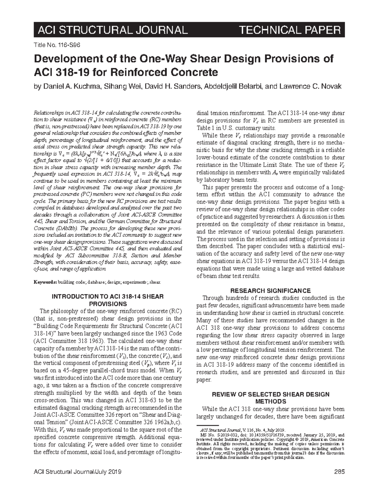 Development of the One-Way She - ACI STRUCTURAL JOURNAL TECHNICAL PAPER ...