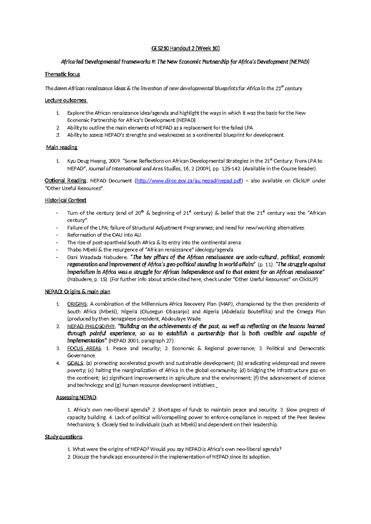 GES210 Handout 2 Week 10 - GES210 Handout 2 (Week 10) Africa-led ...