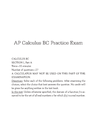 AP Calculus BC - Full Practice Exam w/ Answers 1 - AP® Calculus BC Exam SECTION I: Multiple ...