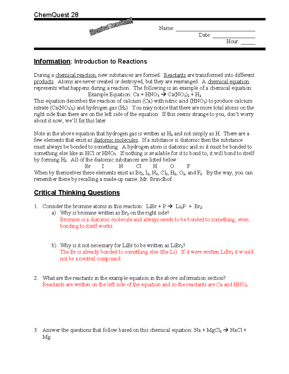 Chemquest - A chemistry document that describes reactions. - ChemQuest ...