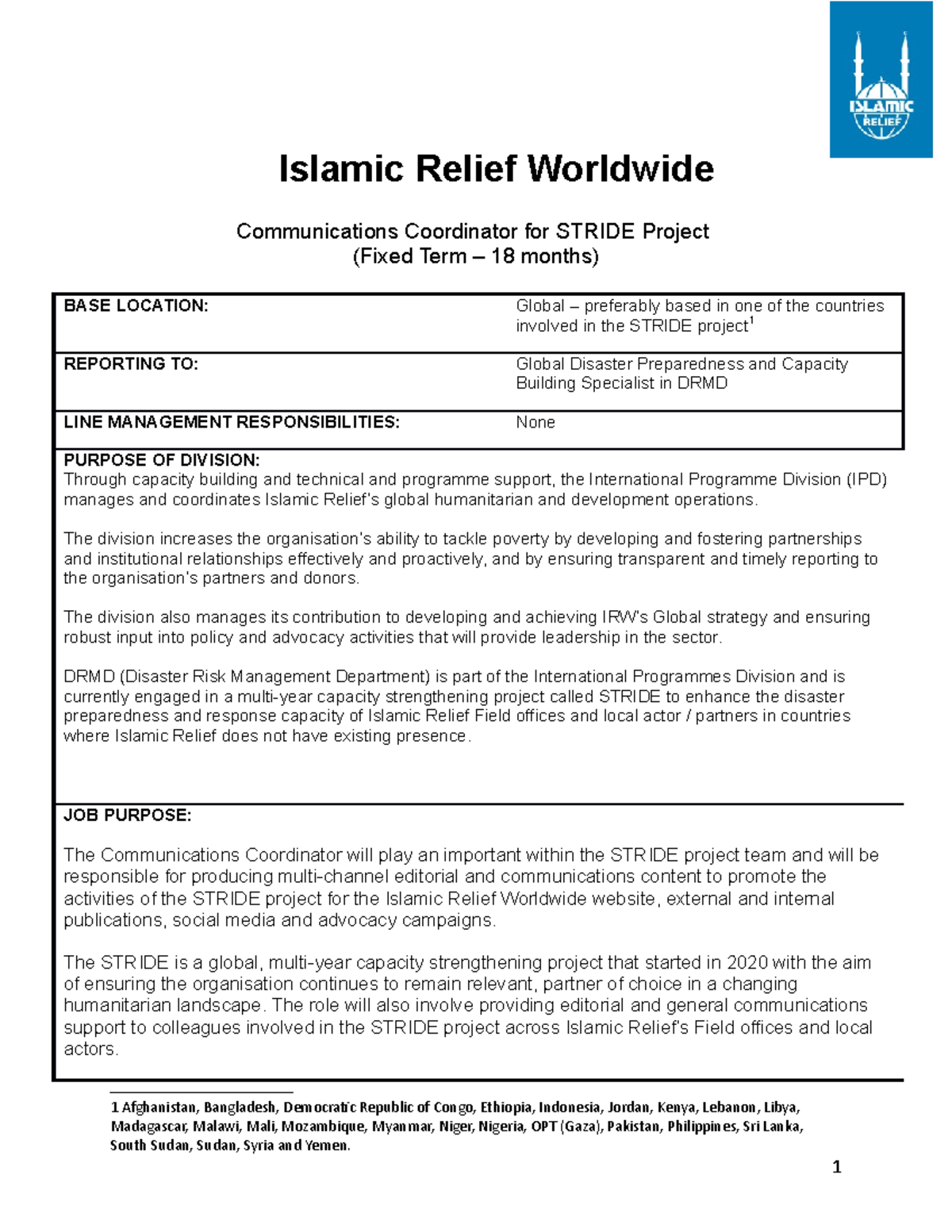 Communications Coordinator JD Template 2021 (002) - Islamic Relief Worldwide Communications ...
