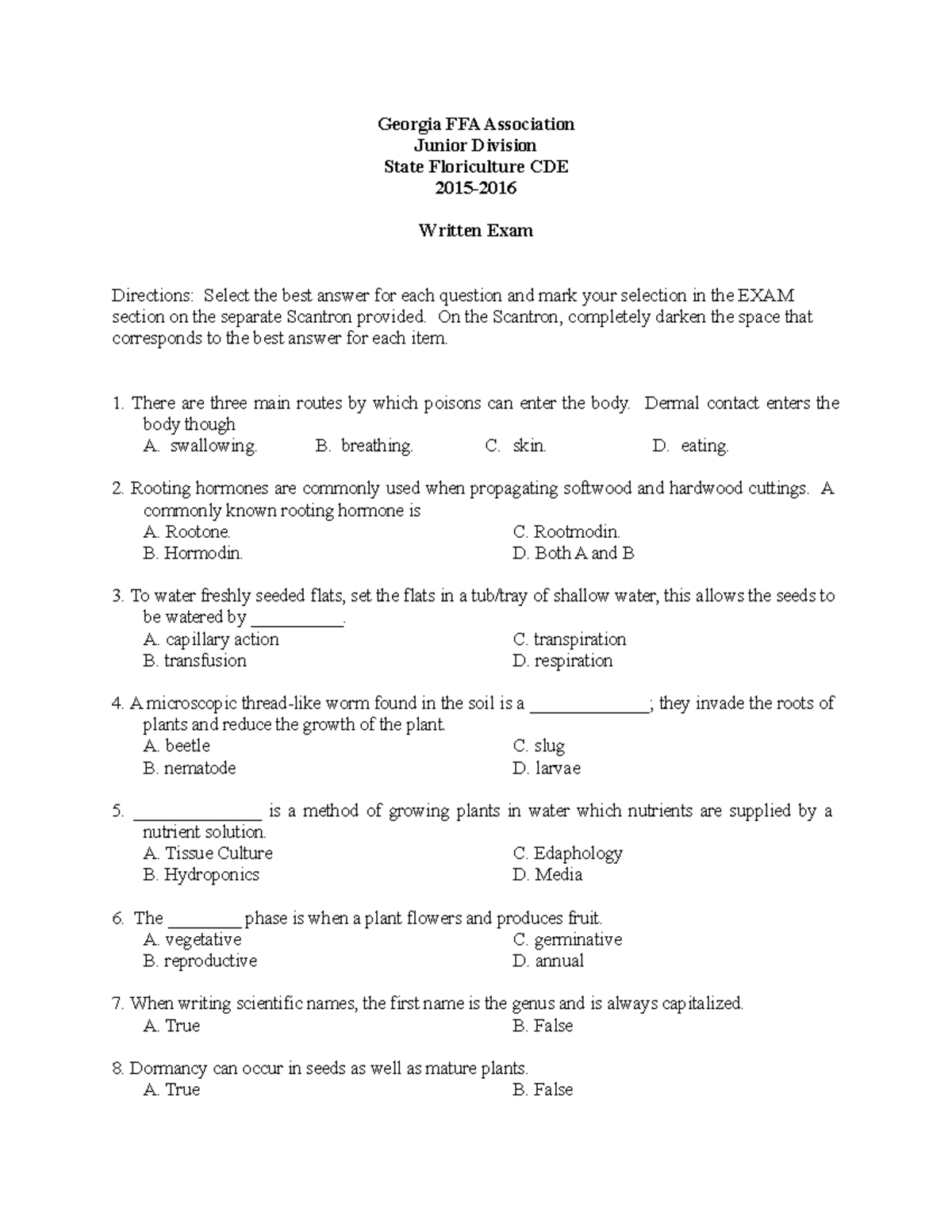 00238 Floriculture CDE Exam 2015-16 Junior State - Georgia FFA ...
