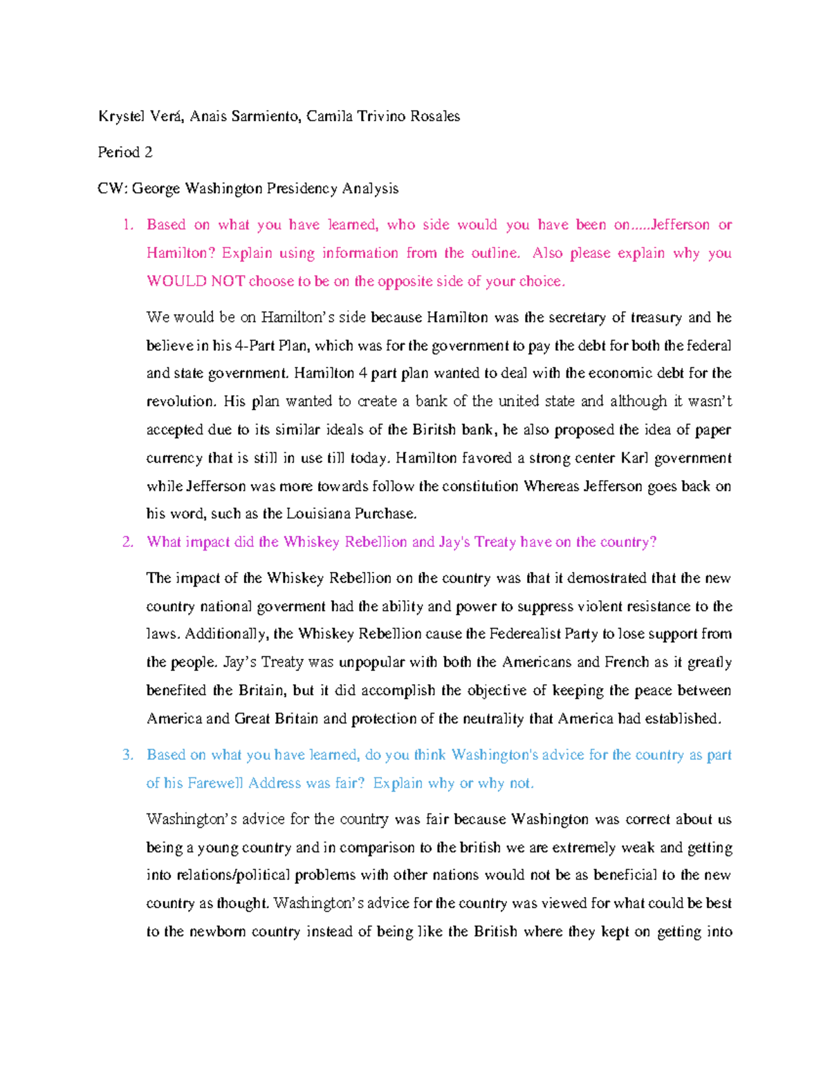 George Washington Presidency Analysis - ... or Hamilton? Explain using ...