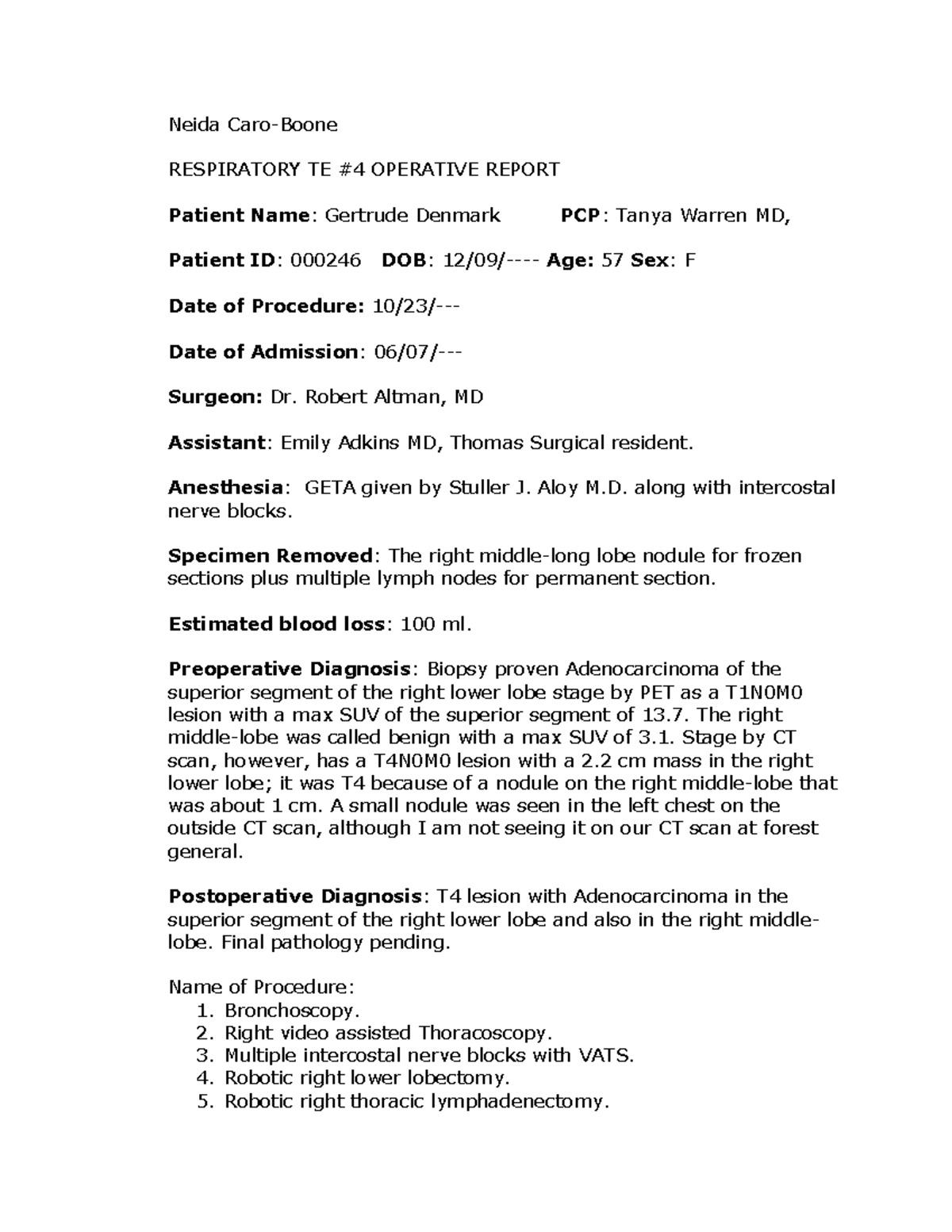 Advanced Report Respiratory TE ^LN8 - Neida Caro-Boone RESPIRATORY TE ...