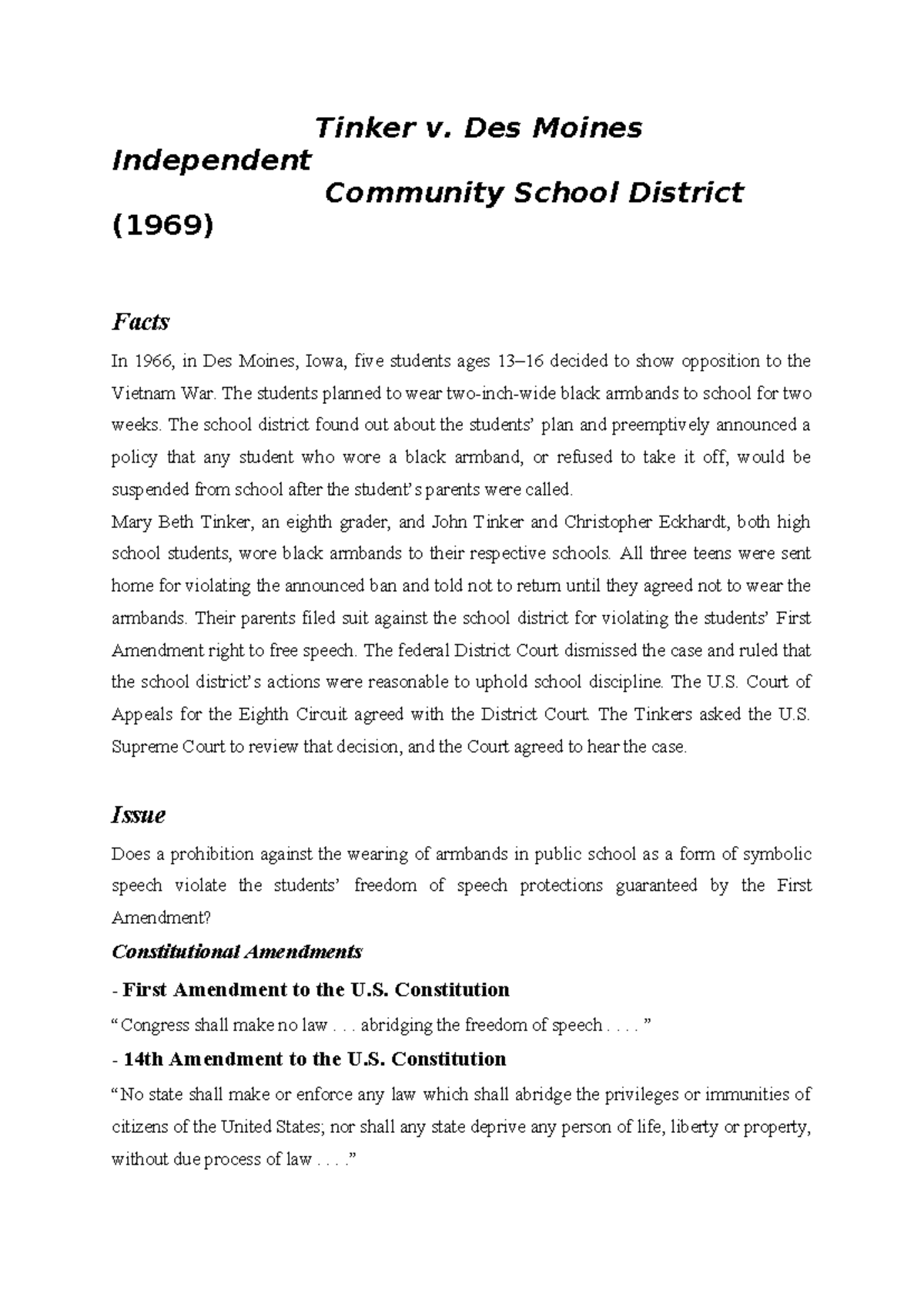 1 - cnfduhyiritro - Tinker v. Des Moines Independent Community School ...