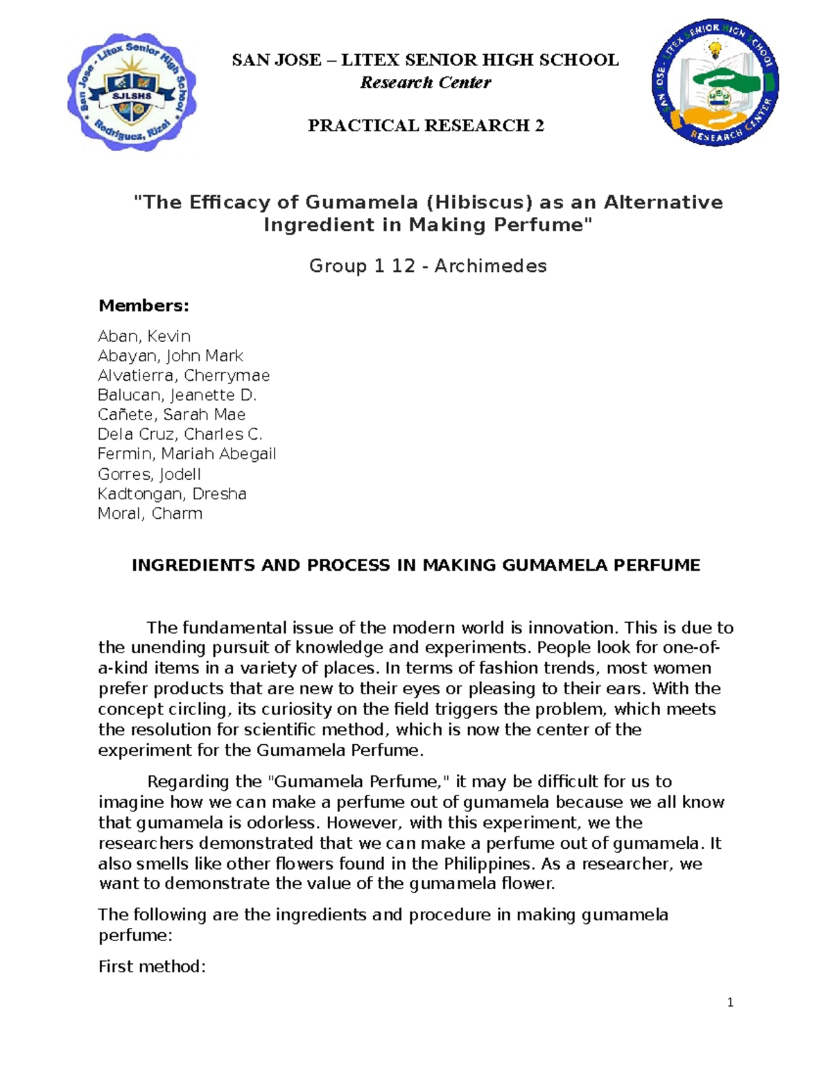 Ingredients AND Process IN Making Gumamela Perfume - Research Center ...