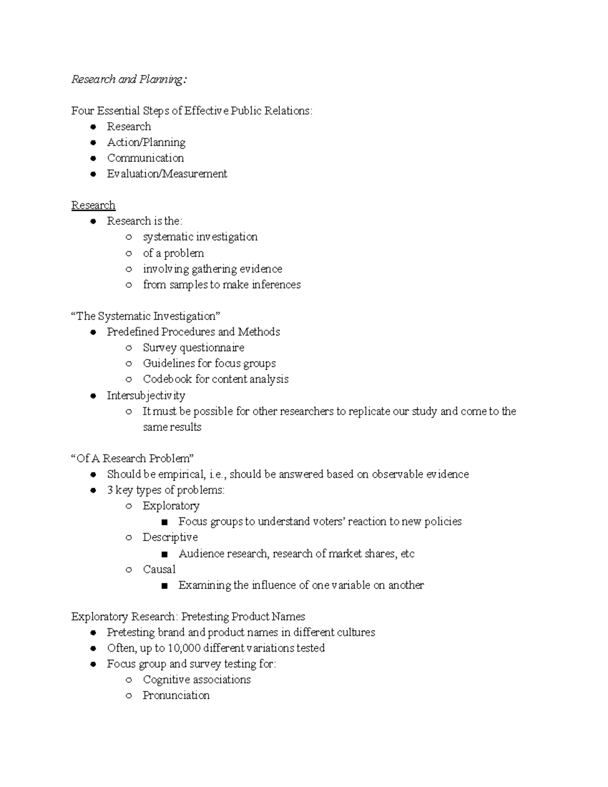 PR Exam 2 - Exam 2 notes, Dr. Cacciatore - Research and Planning: Four ...