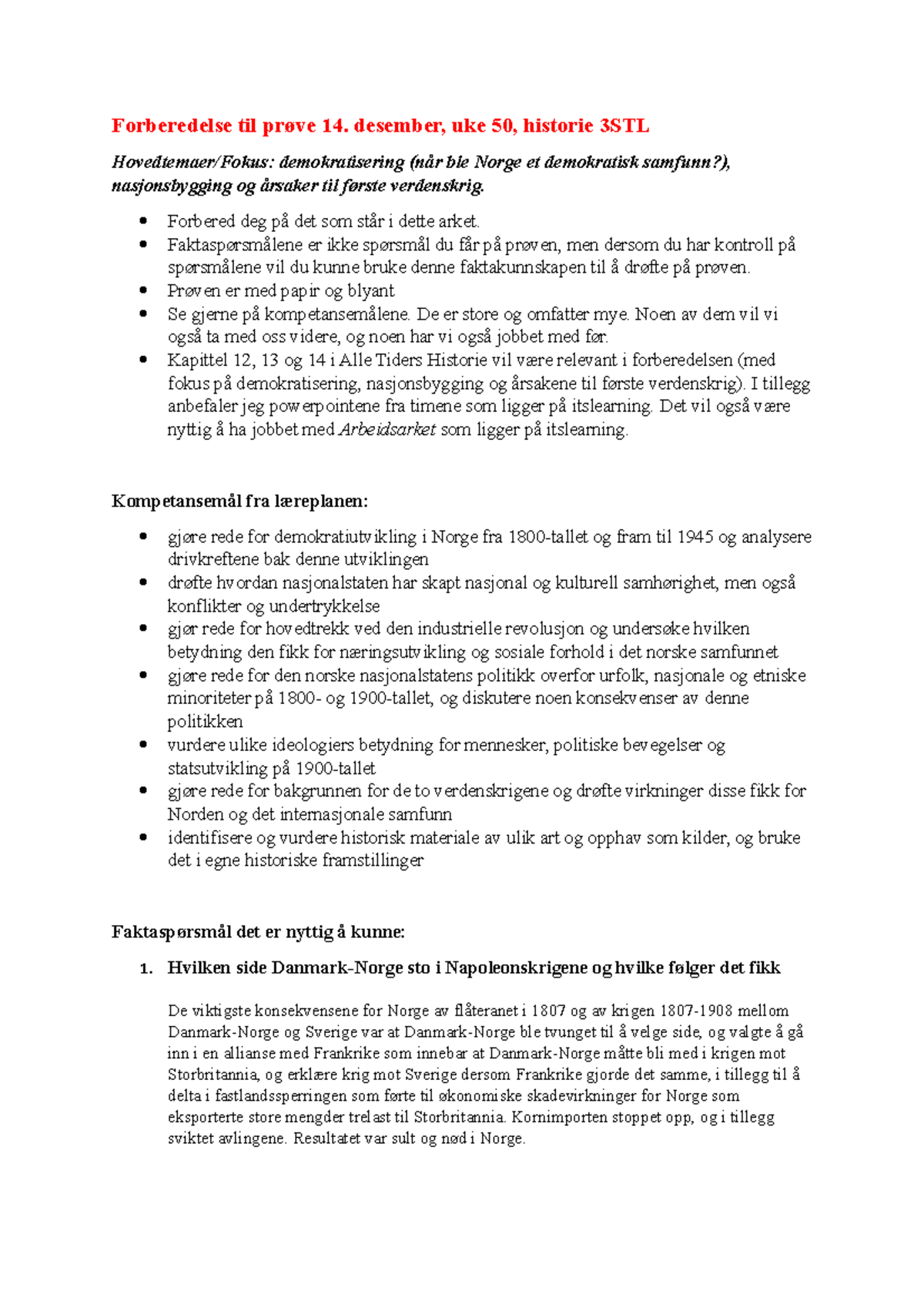 Forberedelse til historieprøve om demokratisering (når ble Norge et demokratisk samfunn?), - Studocu