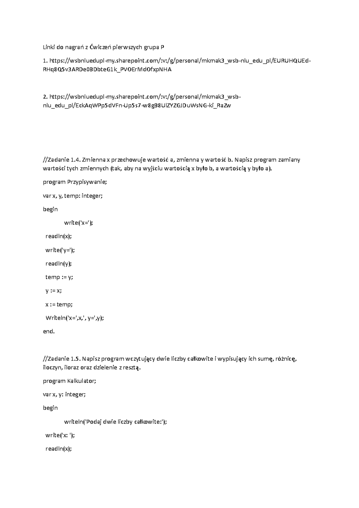 Wstęp do programowania nagrane ćwiczenia 1 - Linki do nagrań z Ćwiczeń ...