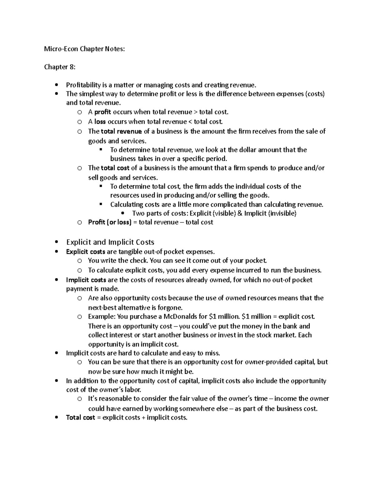 Exam 3 Notes - Micro-Econ Chapter Notes: Chapter 8: Profitability is a ...