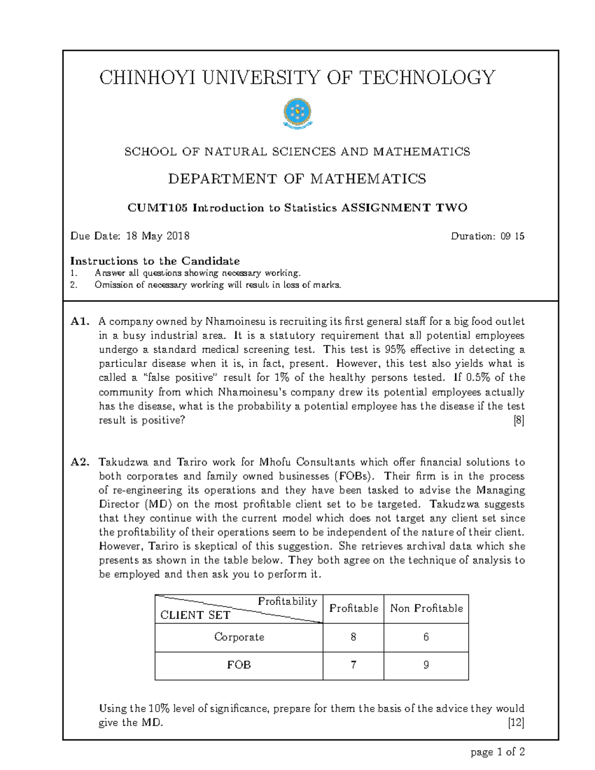 assignment 222222 - CHINHOYI UNIVERSITY OF TECHNOLOGY SCHOOL OF NATURAL ...