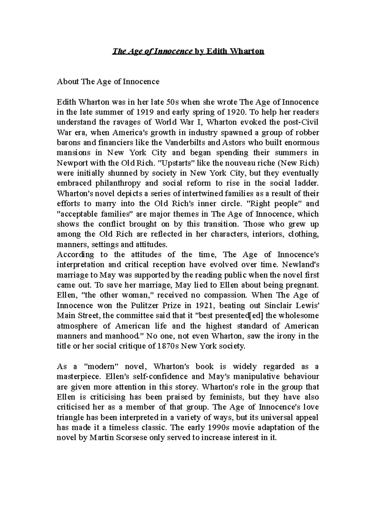 The Age of Innocence by Edith Wharton - American Literature - AMU - Studocu