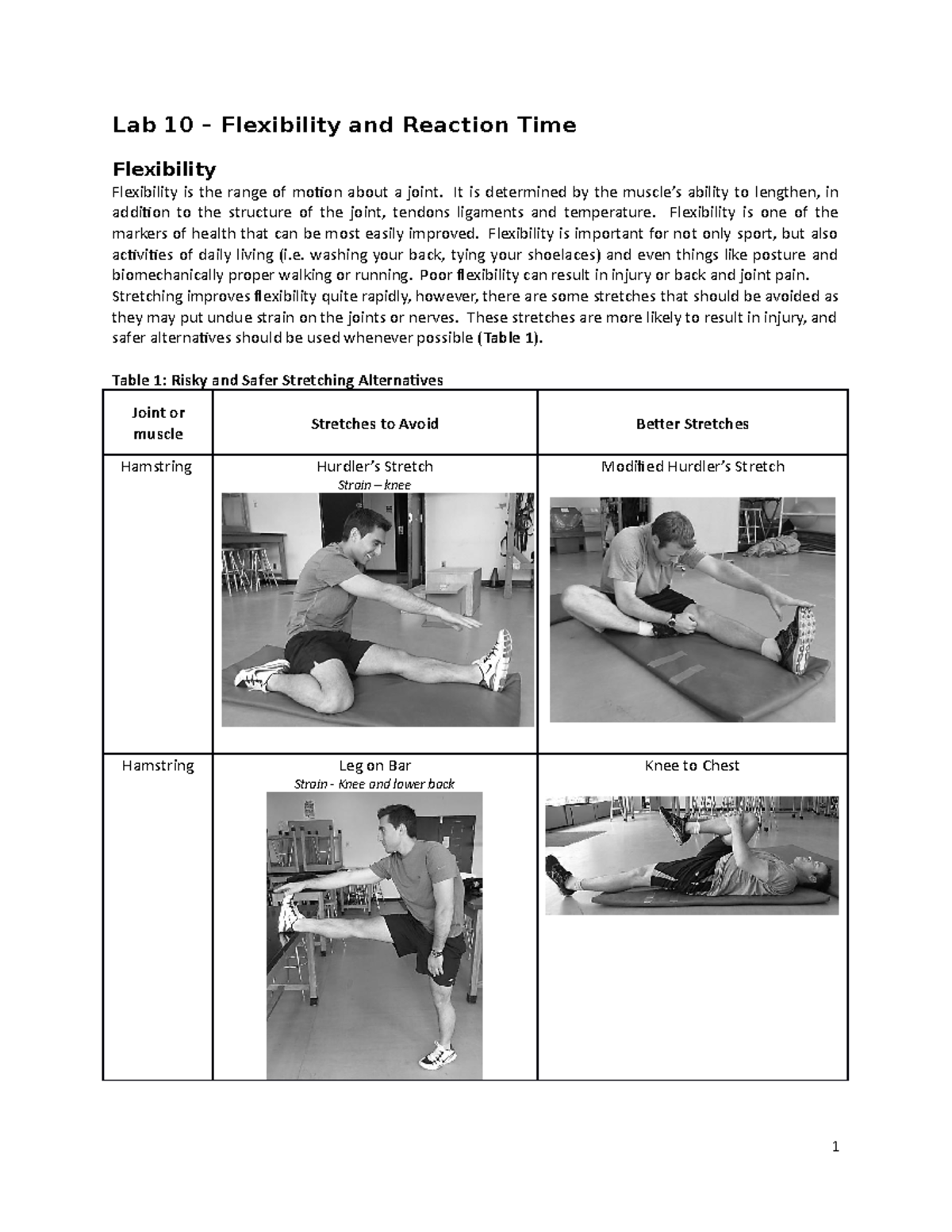 KINE 1020 Lab 10 Flexibility and Reaction Time - Lab 10 – Flexibility ...