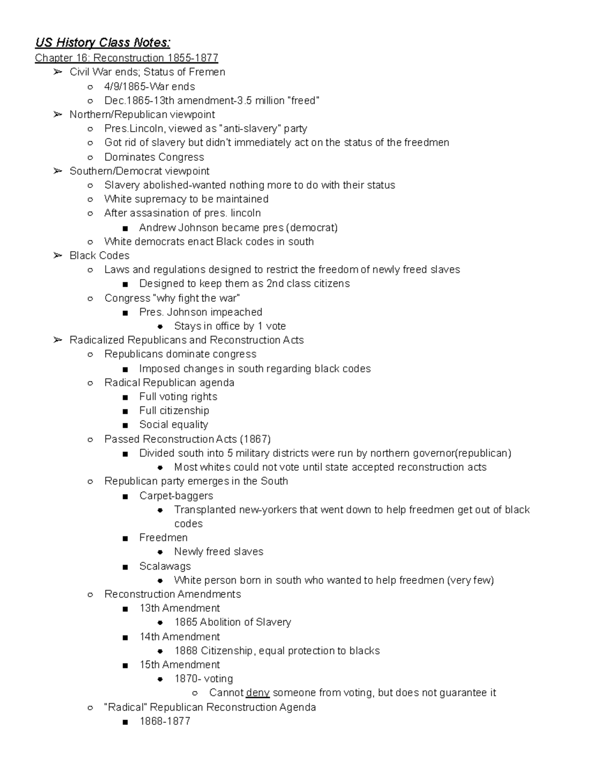 US History Notes - US History Class Notes: Chapter 16: Reconstruction ...