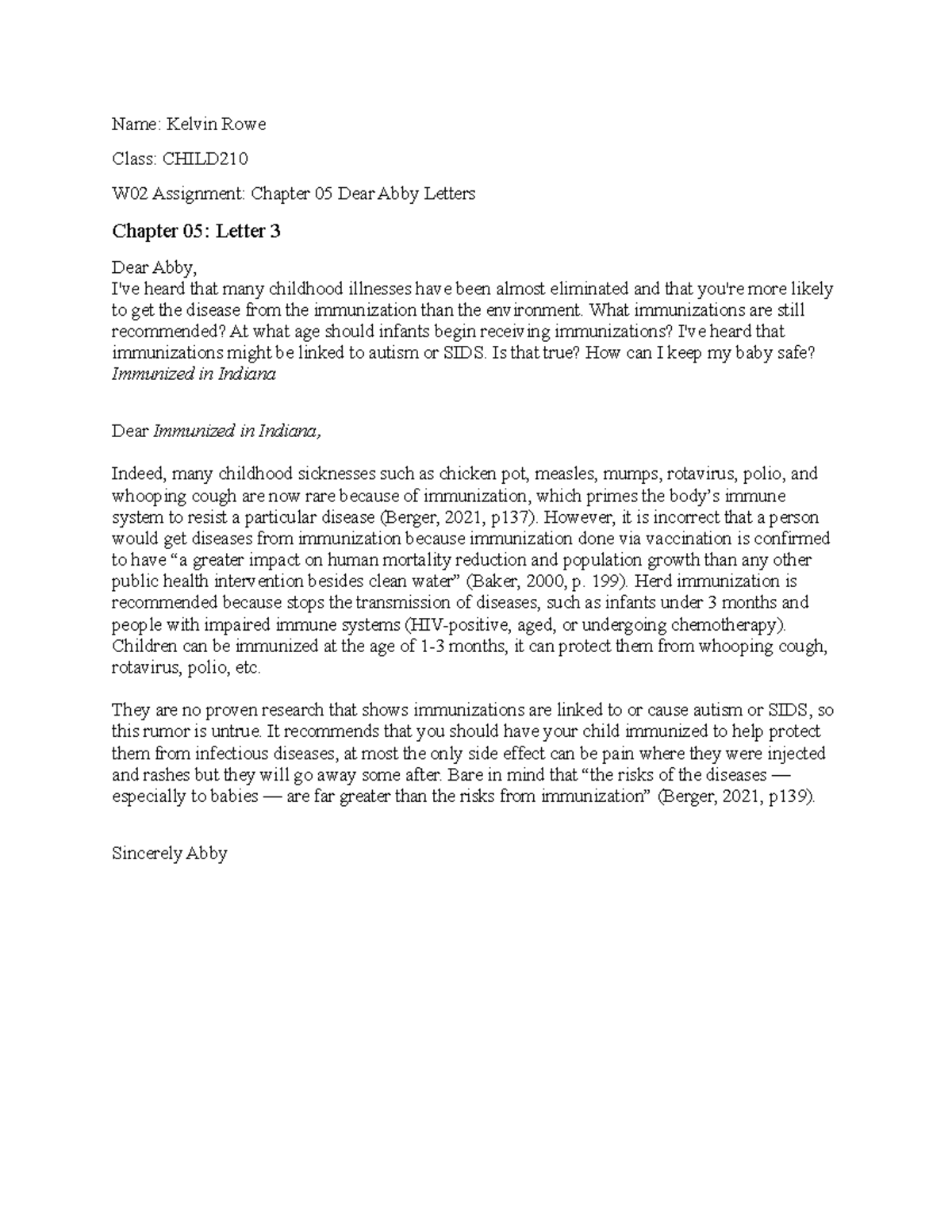 W02 Assignment Chapter 05 Dear Abby Letters - Name: Kelvin Rowe Class ...