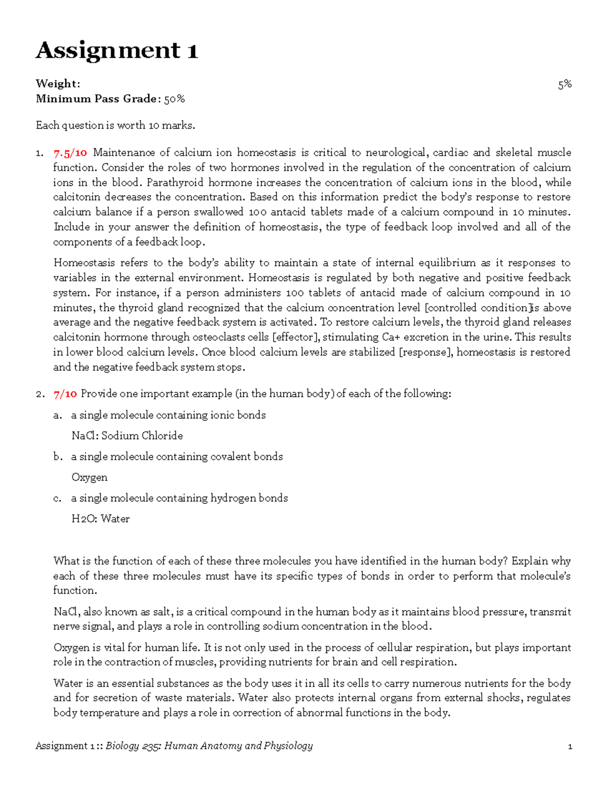 Assignment 1 - 7/10 Maintenance of calcium ion homeostasis is critical ...