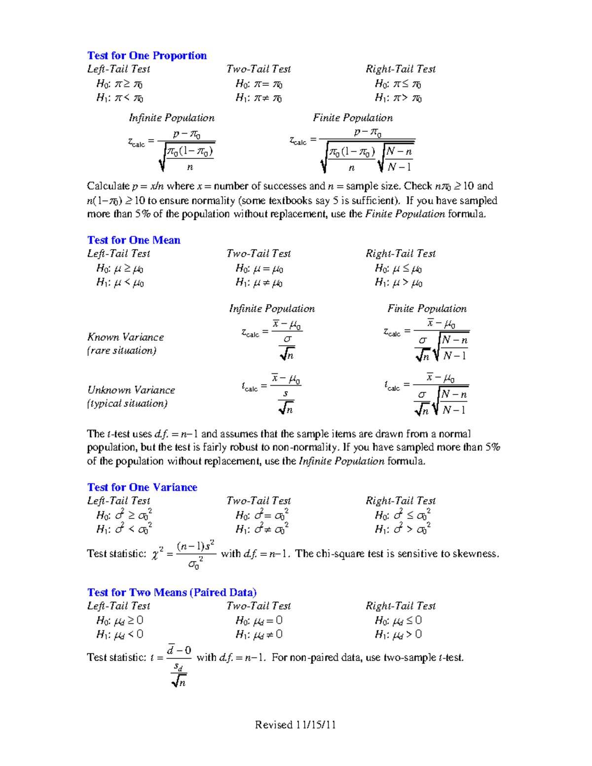 09-13 Formulas One Sample - Revised 11/15/ Test for One Proportion Left ...