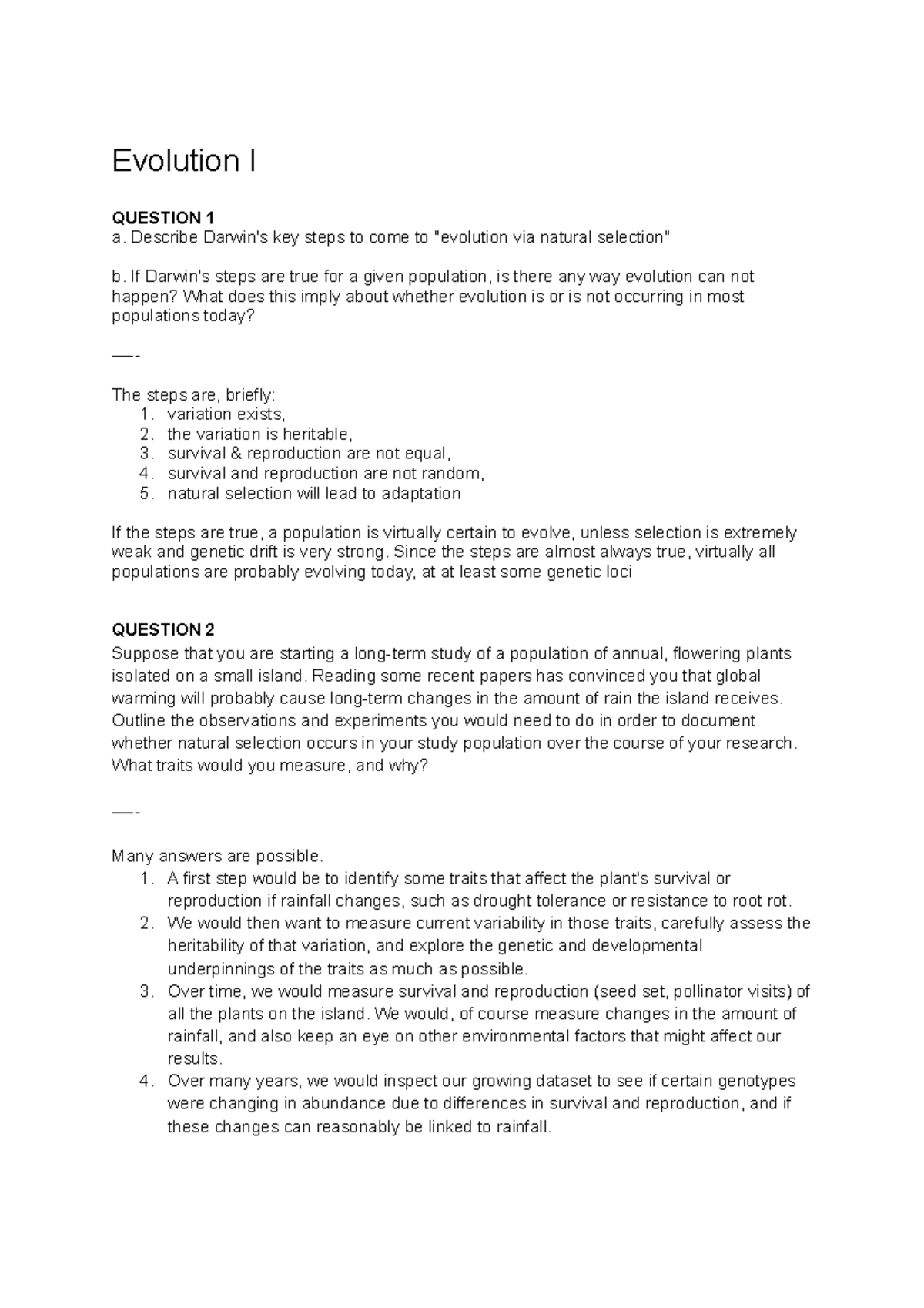 Summary EXAM Questions - Evolution I QUESTION 1 a. Describe Darwin's ...