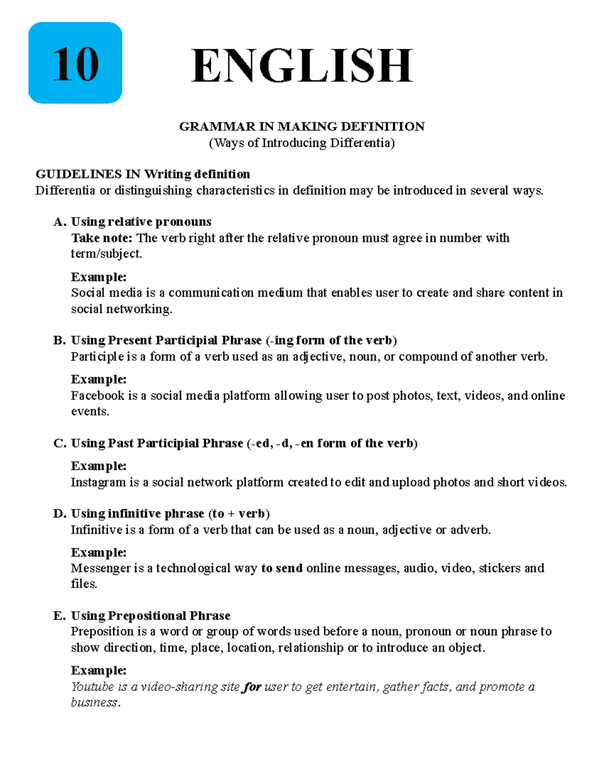 (Ways of Introducing Differentia) Grammar IN Making Definition ...