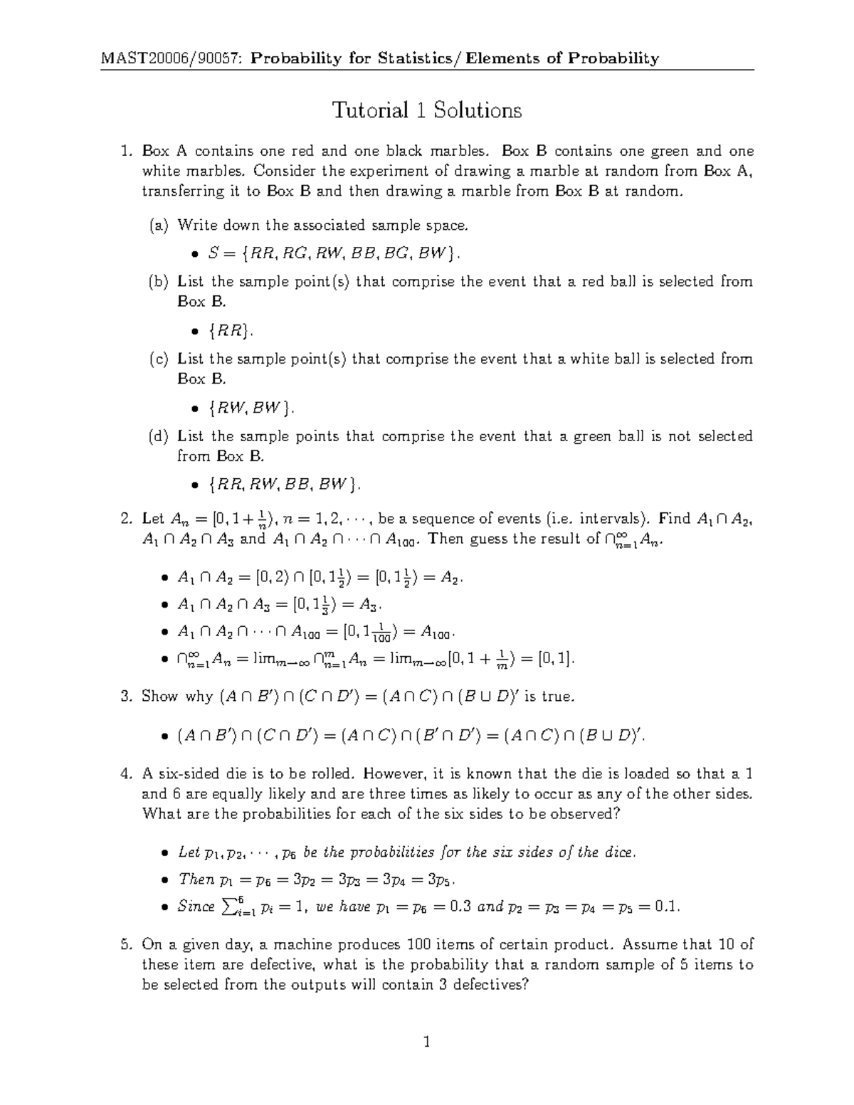 Tut1ans - Probability for Elements of Probability Tutorial 1 Solutions ...