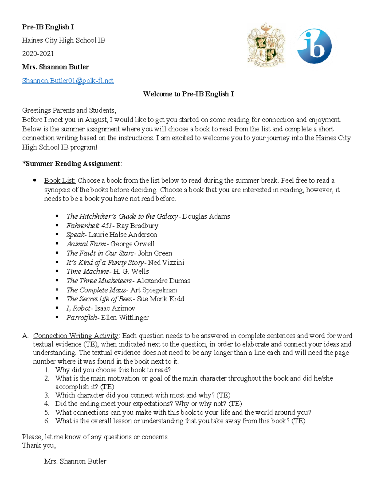 Butler-summer assignment 21-22 - Pre-IB English I Haines City High ...