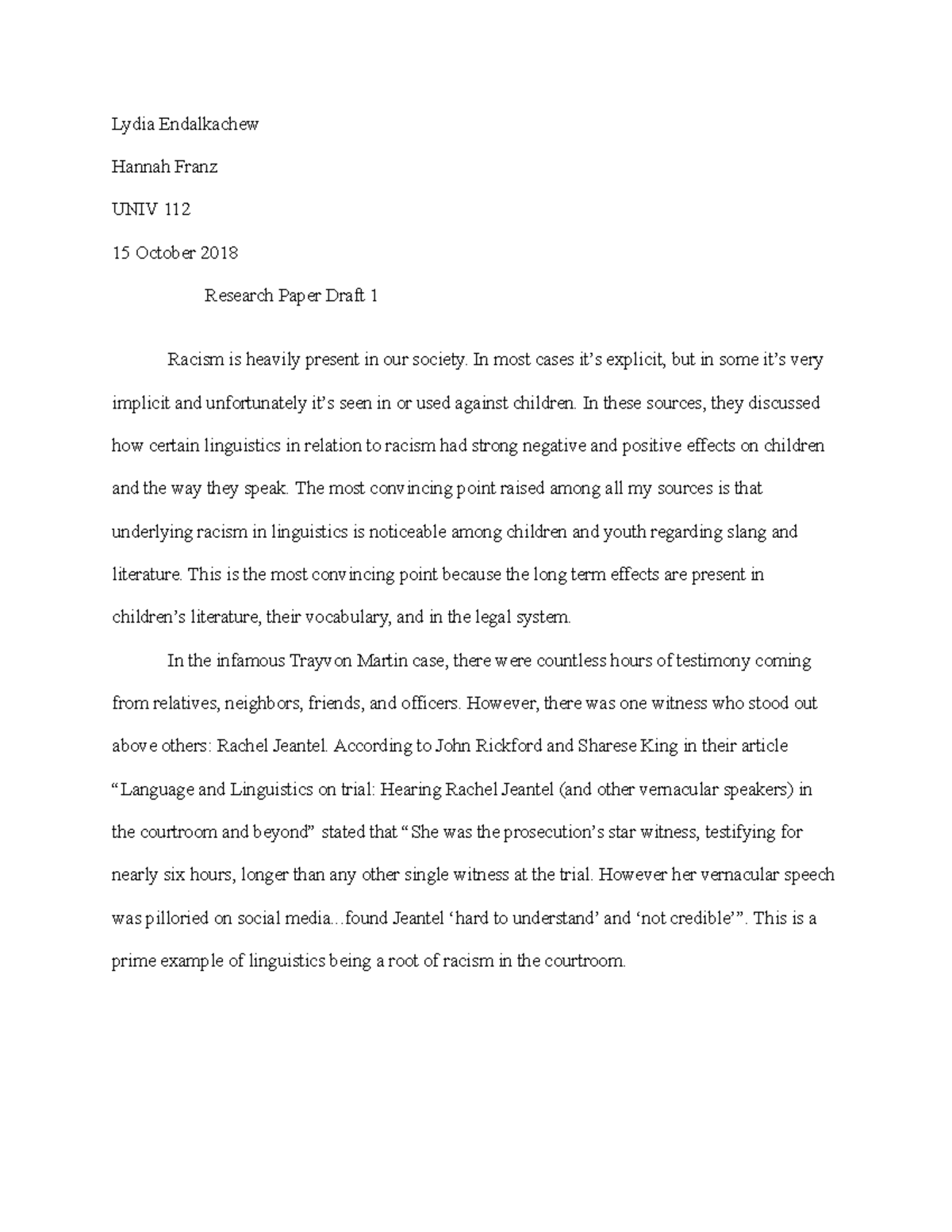 Research Paper Draft 1 - Lydia Endalkachew Hannah Franz UNIV 112 15 ...