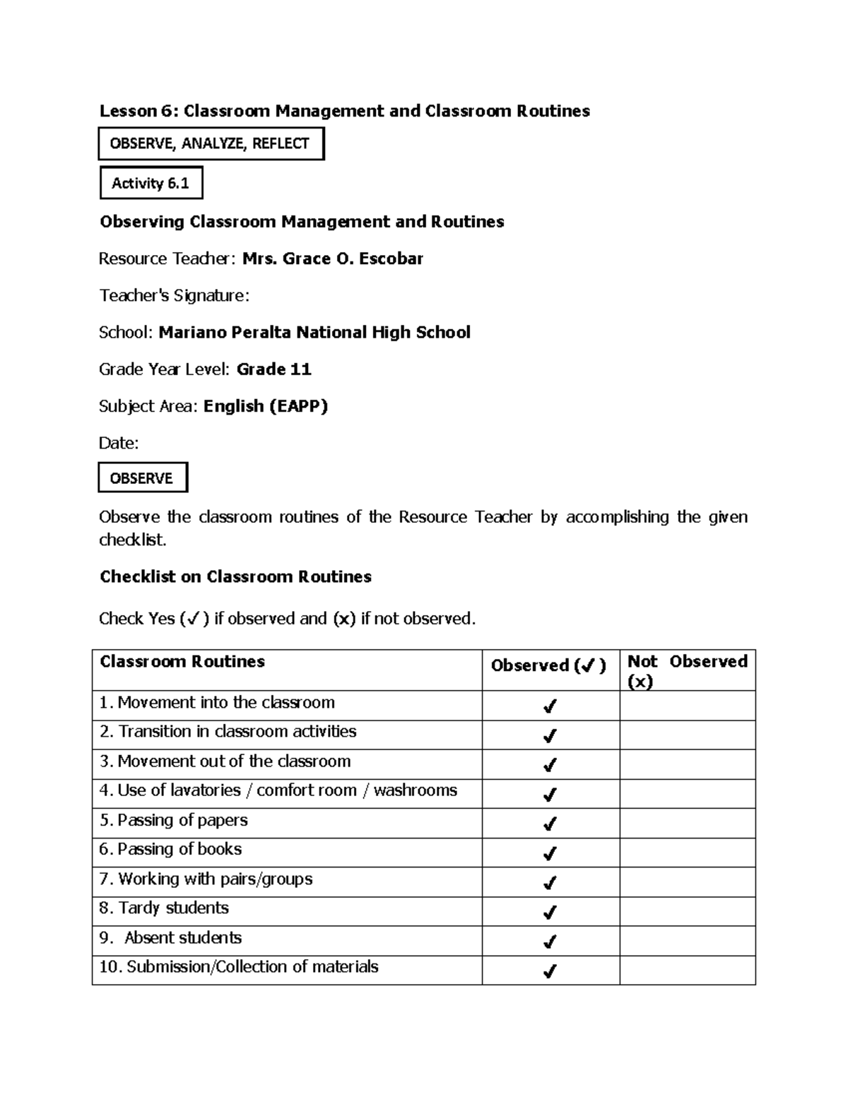 FS-1-Activity-6 - F STUDY - Lesson 6: Classroom Management and ...