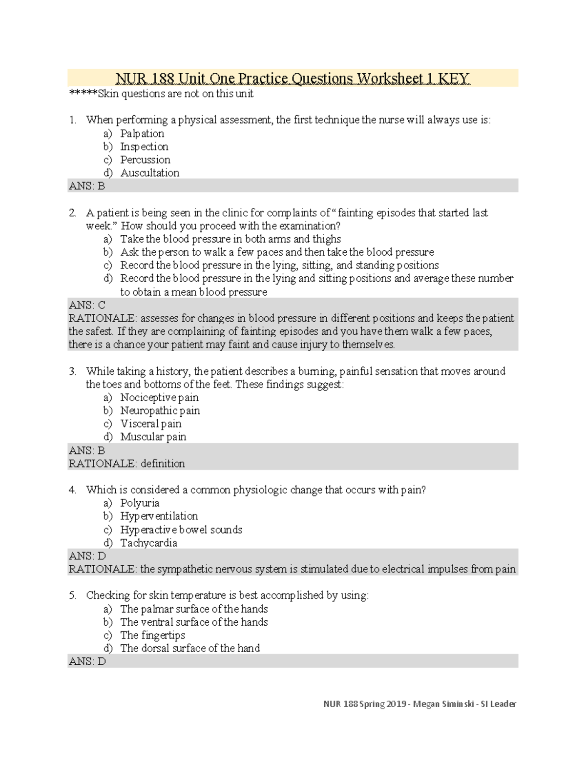 Unit 1 Practice Questions - NUR 188 Unit One Practice Questions ...
