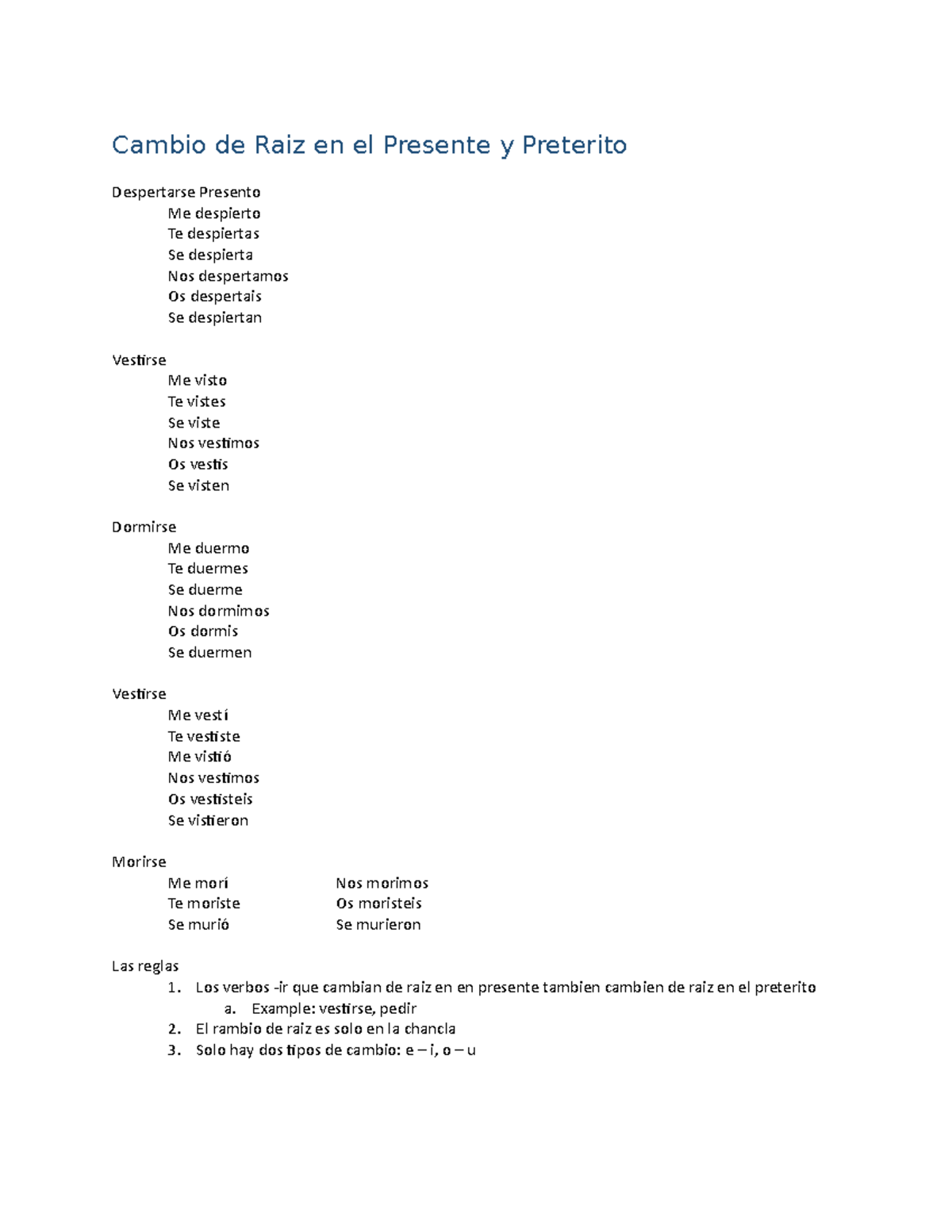 Cambio de Raiz en el Presente y Preterito - Cambio de Raiz en el ...