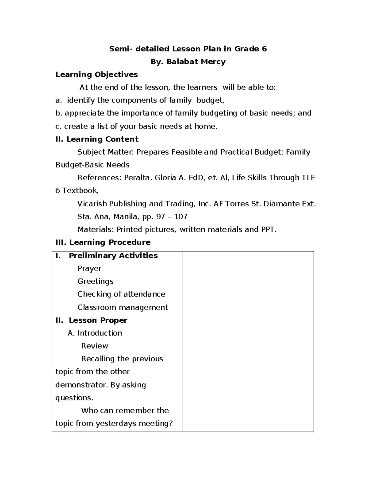 Entrep - nothing - Semi- detailed Lesson Plan in Grade 6 By. Balabat ...
