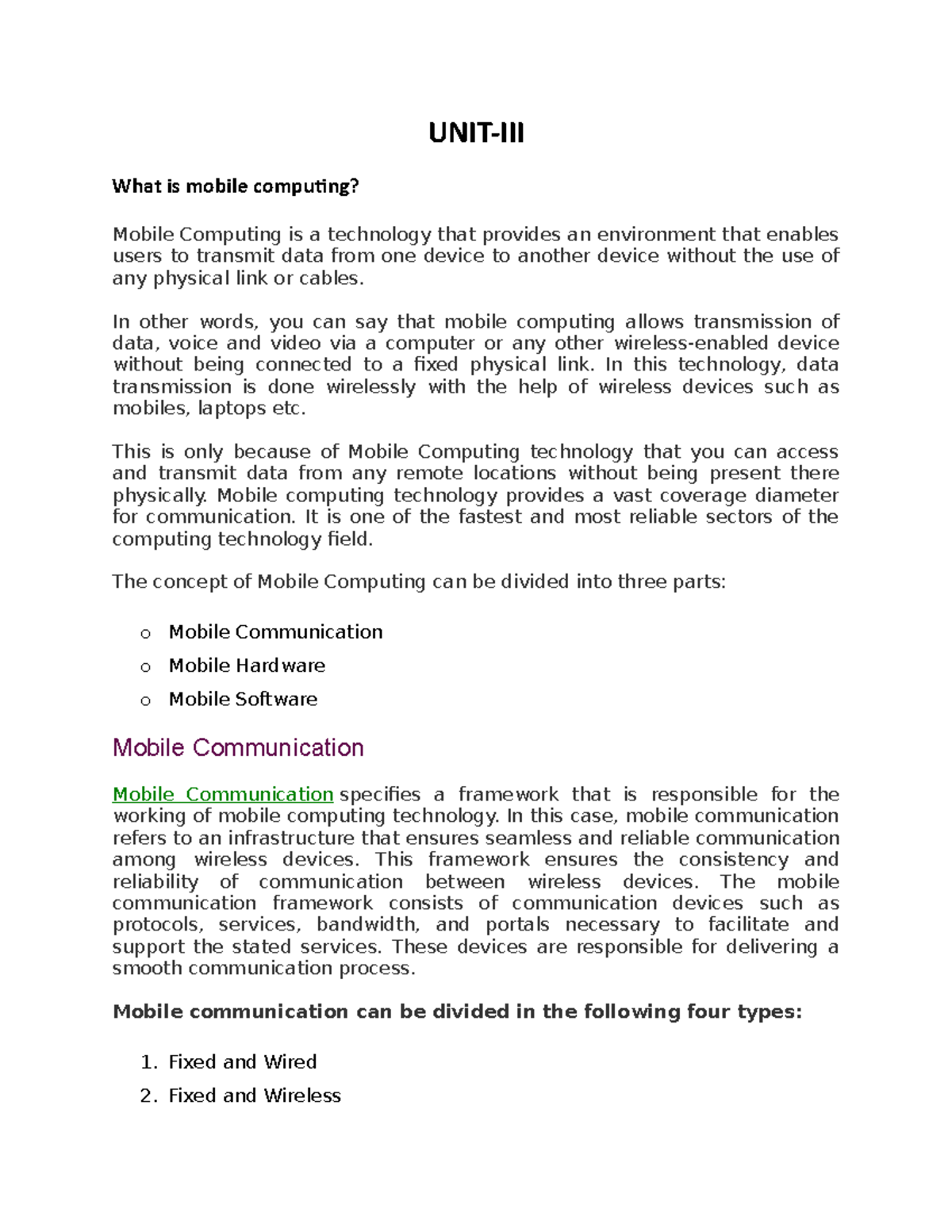 Wireless And Mobile Computing UNIT III What Is Mobile Computing