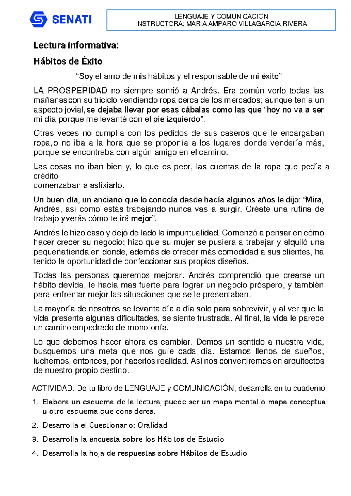 Lectura Hábitos DE Estudio - LENGUAJE Y COMUNICACIÓN INSTRUCTORA: MARIA ...