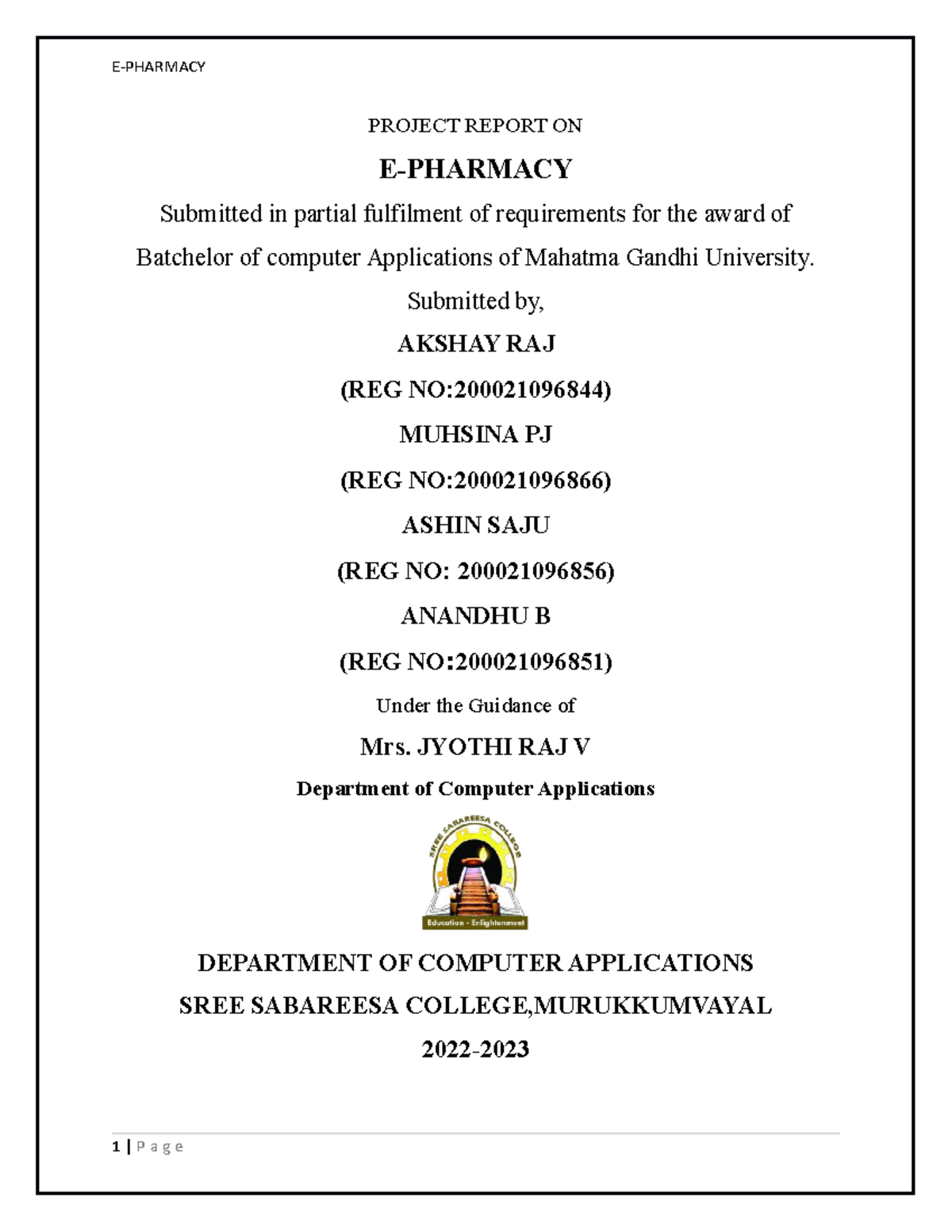 Project Report-1 - PROJECT REPORT ON E-PHARMACY Submitted in partial ...