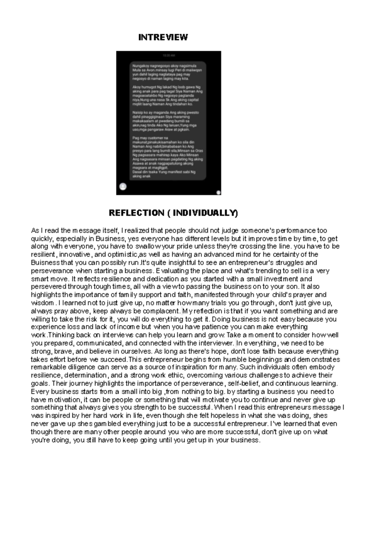 Intreview - For Reflection - INTREVIEW REFLECTION ( INDIVIDUALLY) As I ...