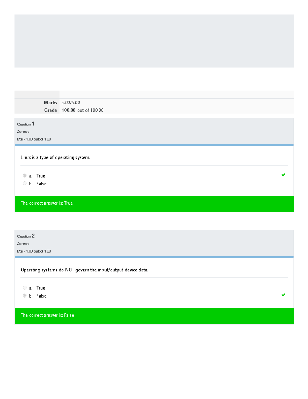 Self Quiz Unit 1 Attempt Review 2 Marks 5 5 Grade 100 Out Of 100 Question 1 Correct Mark 1