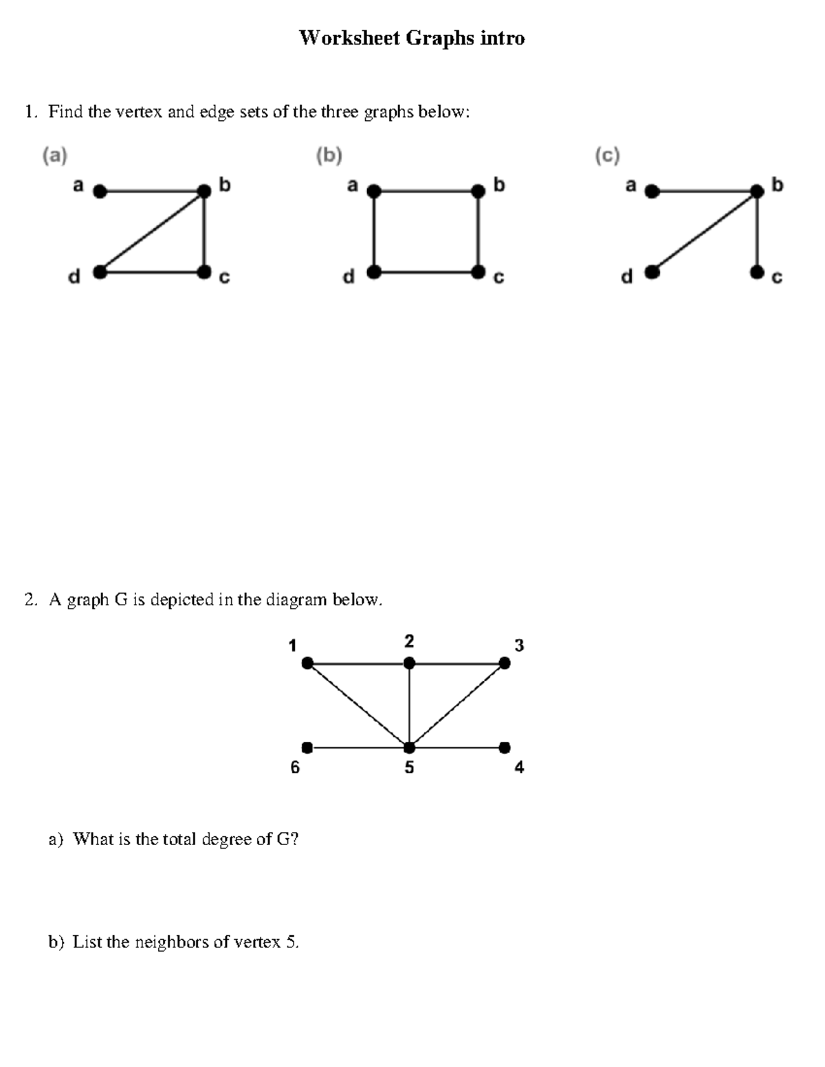 Worksheet 1 Graphs intro - Worksheet Graphs intro Find the vertex and ...