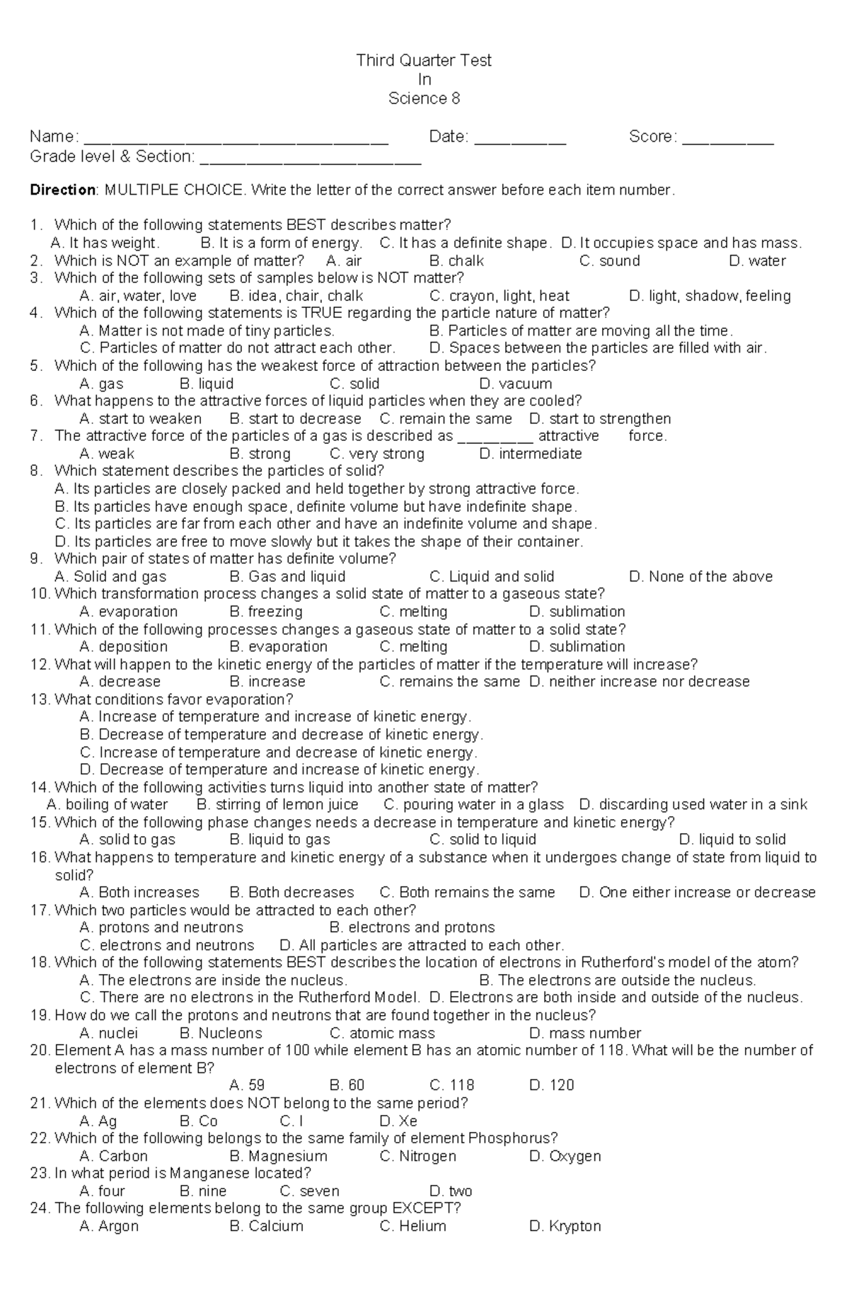 Science 8 Third Quarter Test - Third Quarter Test In Science 8 Name ...