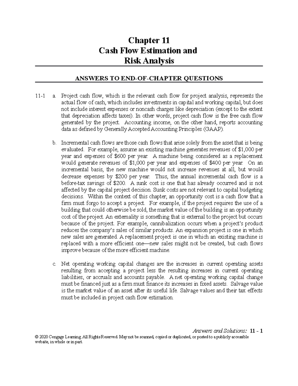 Ch11 Solutions Manual 2018-11-26 - Chapter 11 Cash Flow Estimation and Risk Analysis ANSWERS TO ...