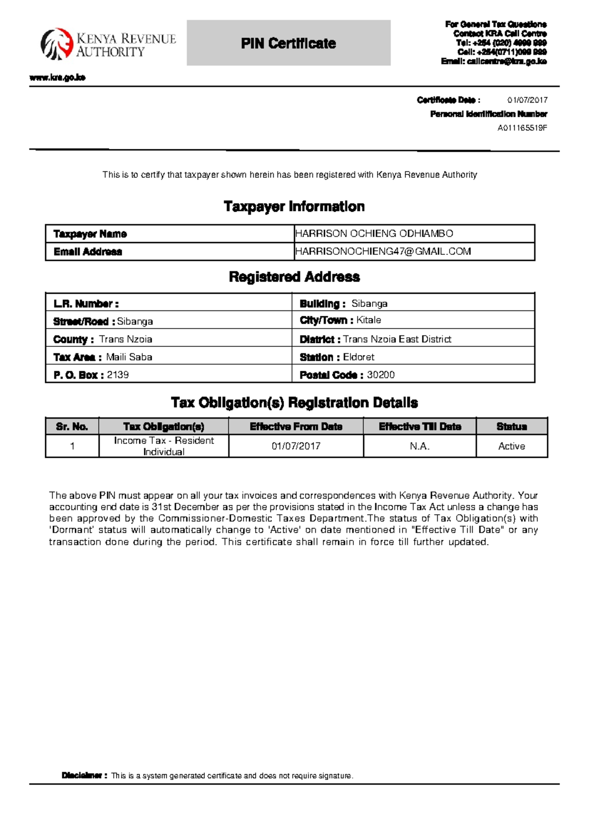 A011165519 F - sxlksb ;c pck cbewocew; - Certificate Date : Personal ...