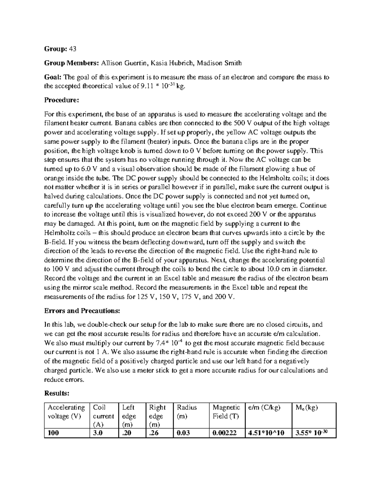 Physics 2 Lab 6 - Group: 43 Group Members: Allison Guertin, Kasia Hubrich, Madison Smith Goal ...