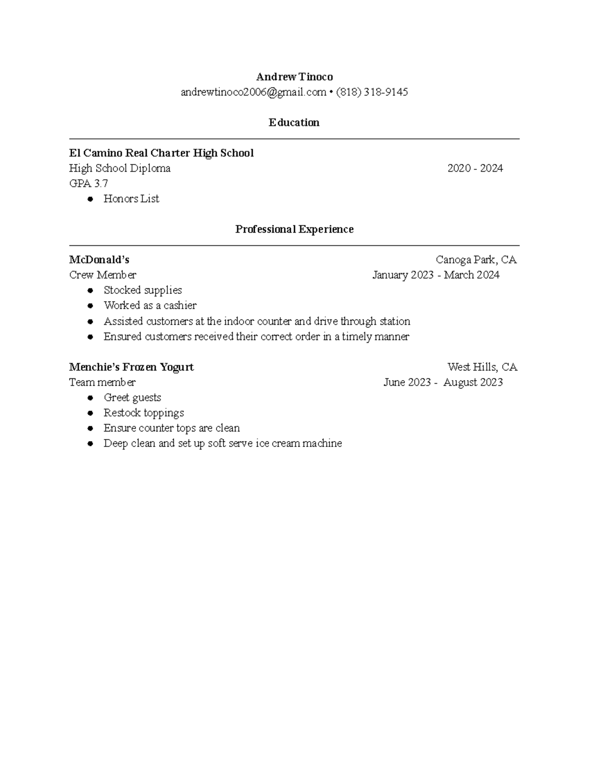 Andrew Tinoco 24 Resume - Andrew Tinoco andrewtinoco2006@gmail • (818 ...