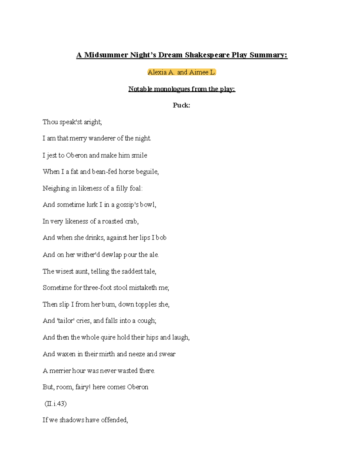 A Midsummer Night's Dream Monologues:Summary - A Midsummer Night’s ...