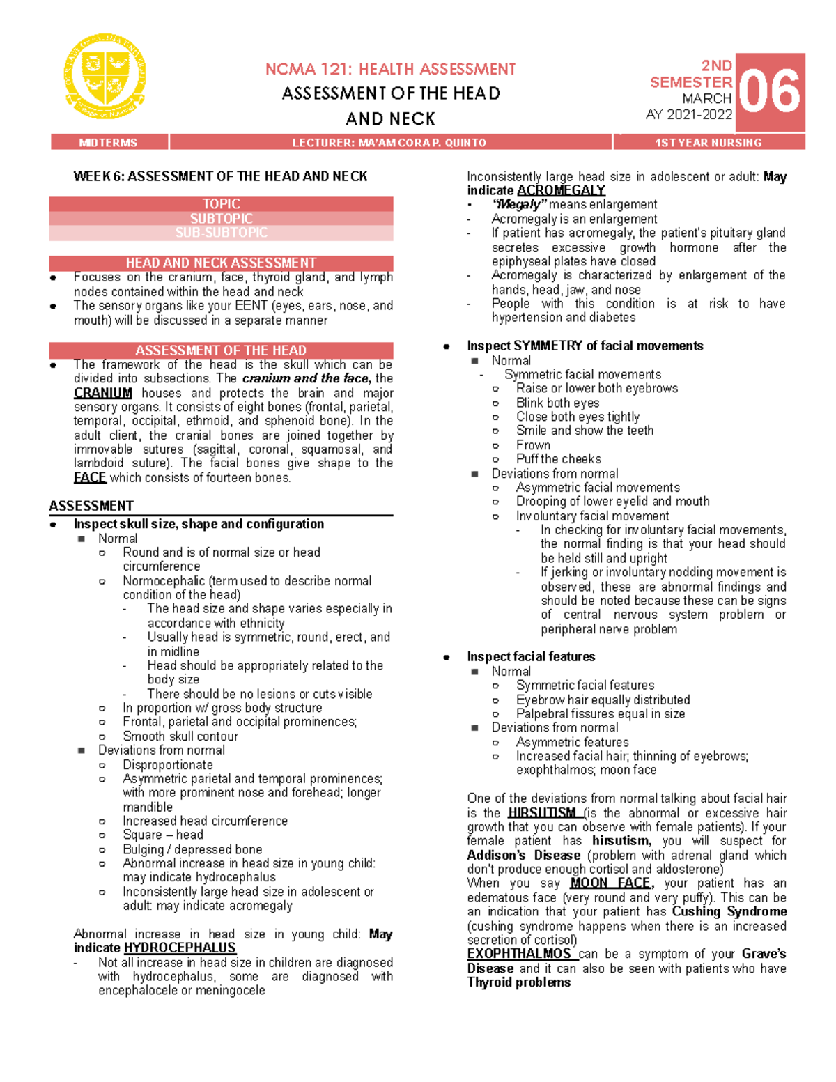 WEEK-6 - Assessment-OF-THE-HEAD-AND-NECK - NCMA 121: HEALTH ASSESSMENT ASSESSMENT OF THE HEAD ...