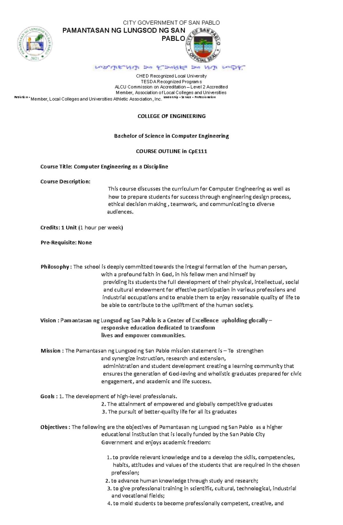 Course-Outline-CPE111 - CITY GOVERNMENT OF SAN PABLO PAMANTASAN NG ...